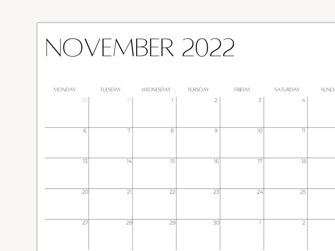 November 2022 Printable Calendar Page, Instant Download Minimalist ...