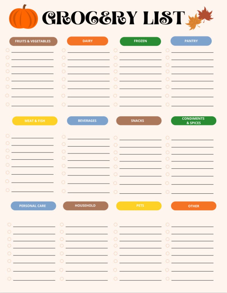 INSTANT DOWNLOAD Printable Grocery List | Organization Tools | Fall ...