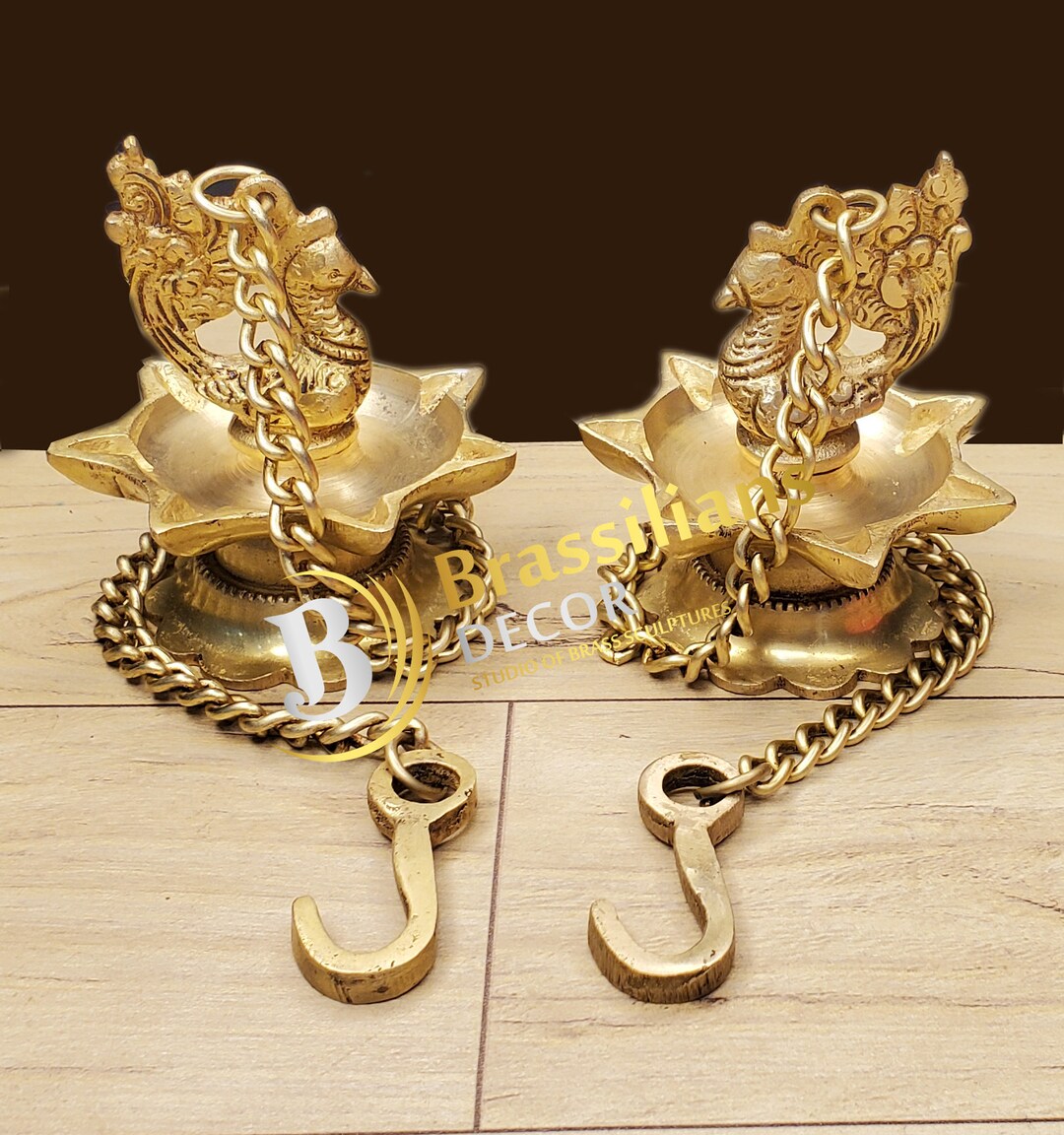 Brass Peacock Carved Hanging Diya Set, Brass Indian Diya Lamp, Brass ...