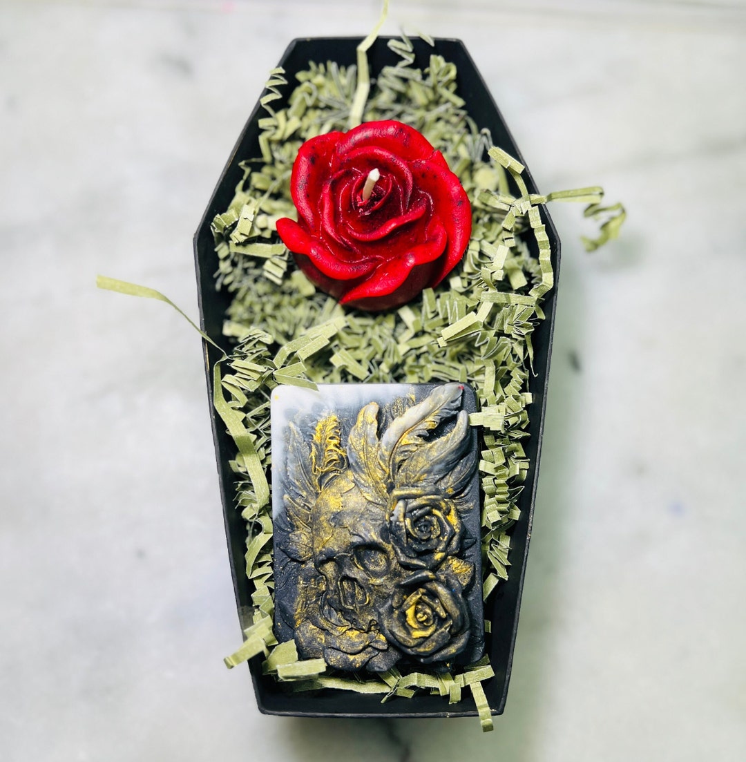 Coffin Sugar Skull Soap & Candle Gift Box Coffin Gift Box Rose Candle ...
