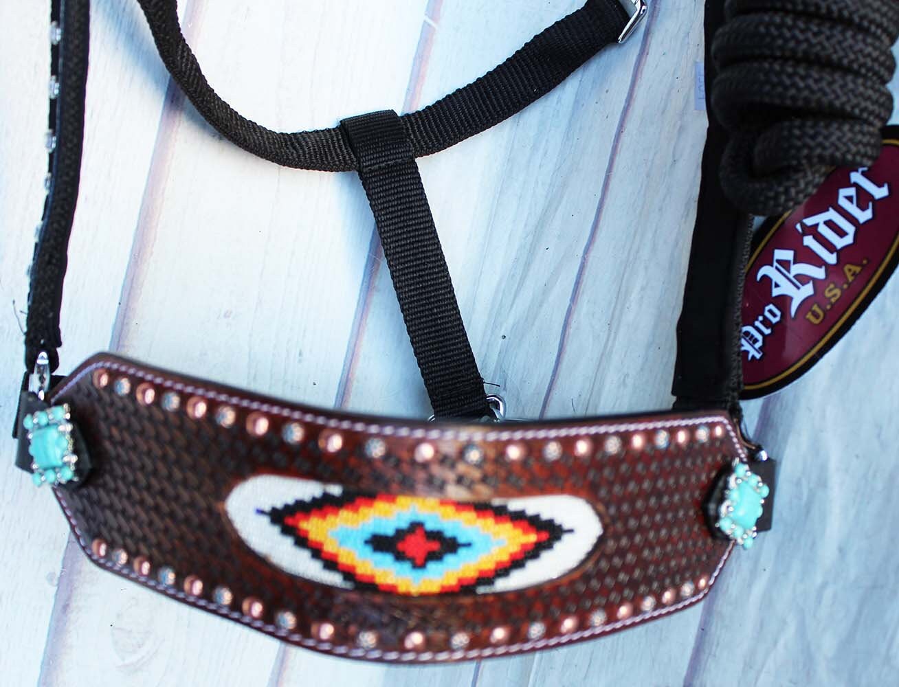 Turquoise Nylon and Brown Leather Tooled Bronc Halter 280M7992 - Etsy