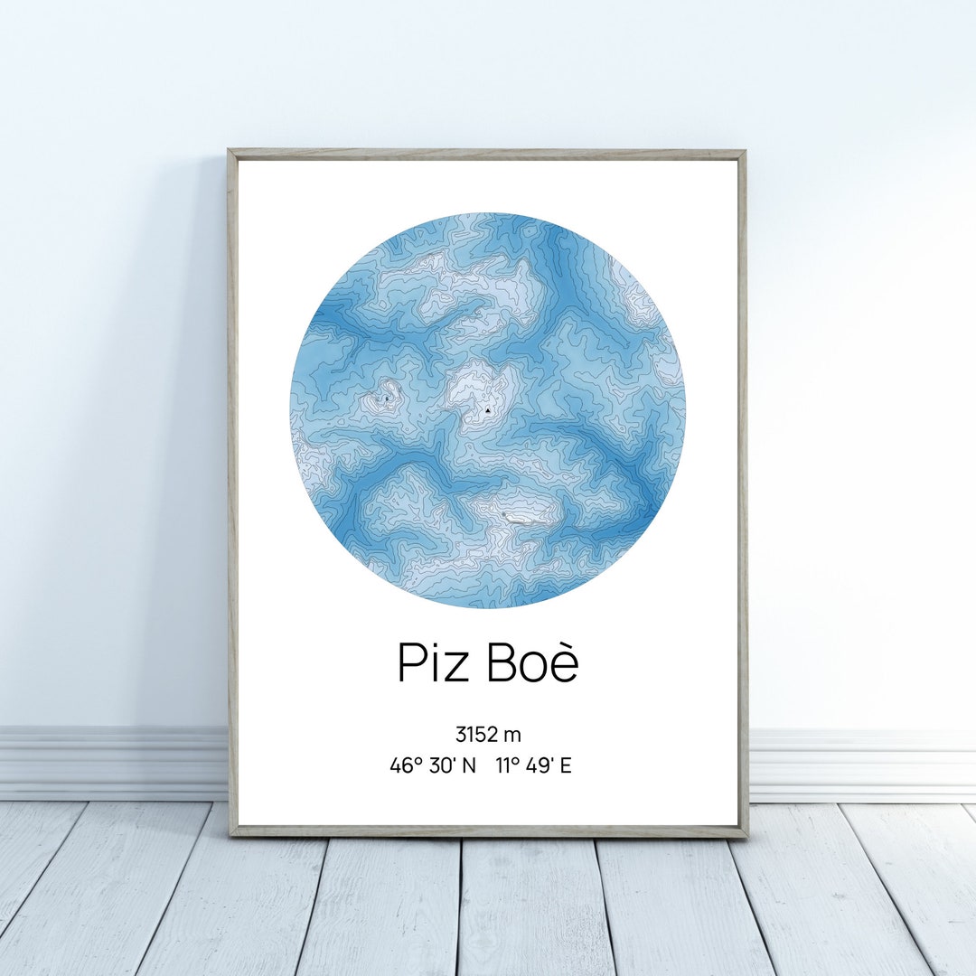 Piz Boè Blue Map, Countour Circle Map, Wall Art, Digital Download ...