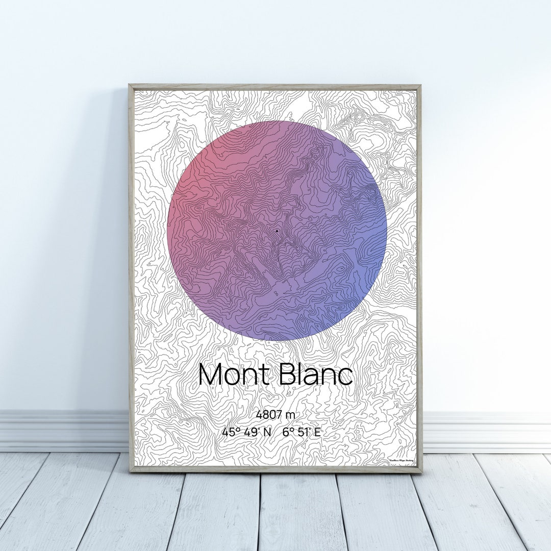 Mont Blanc Red Blue Digital Map, Countour Circle Map, Wall Art, Digital ...