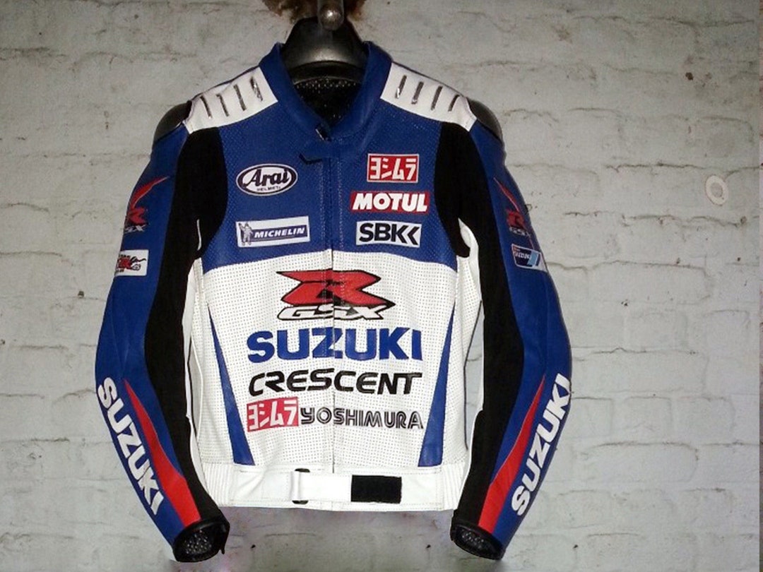 Men Suzuki Motorbike Leather Racing Jacket Blue & White Available All ...