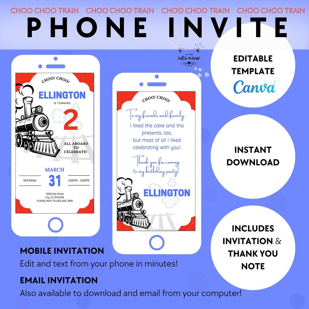 DIGITAL Invitation, Train Phone Invite, Birthday Template, Mobile Evite ...