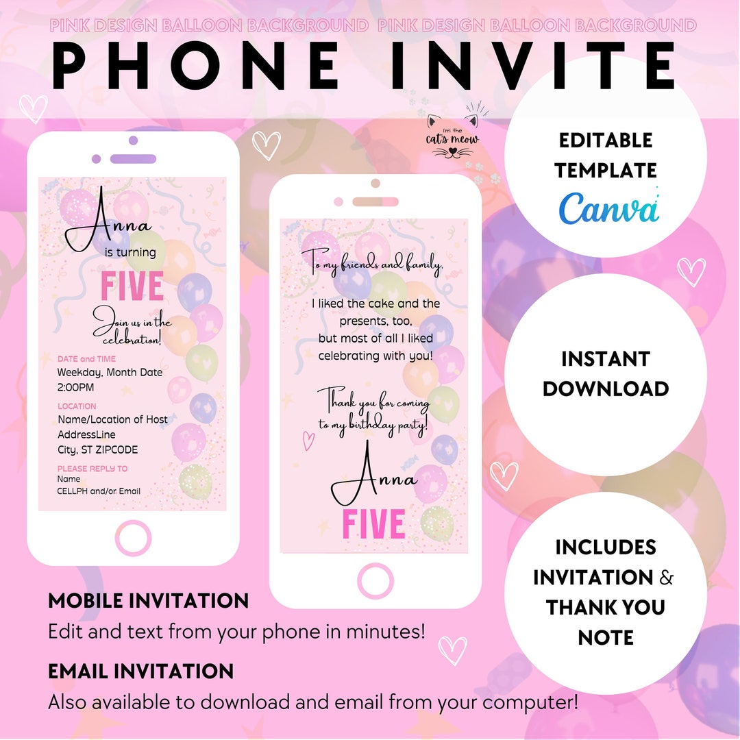 PINK PHONE INVITE / Phone Birthday Invitation Template / Electronic ...