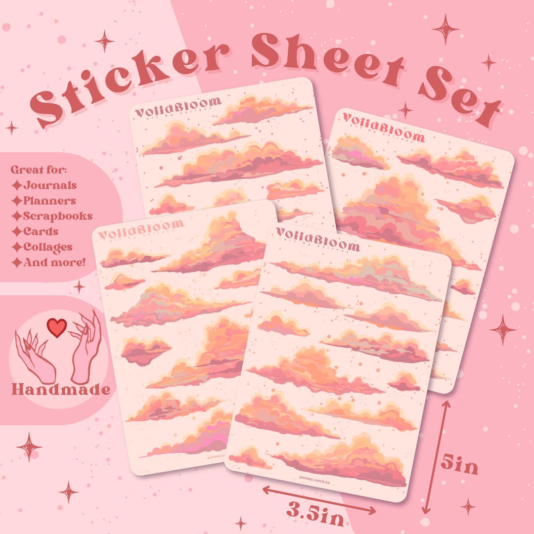 Peachy Pink Clouds Sticker Sheet Set - Borderless Stickers for Bullet ...