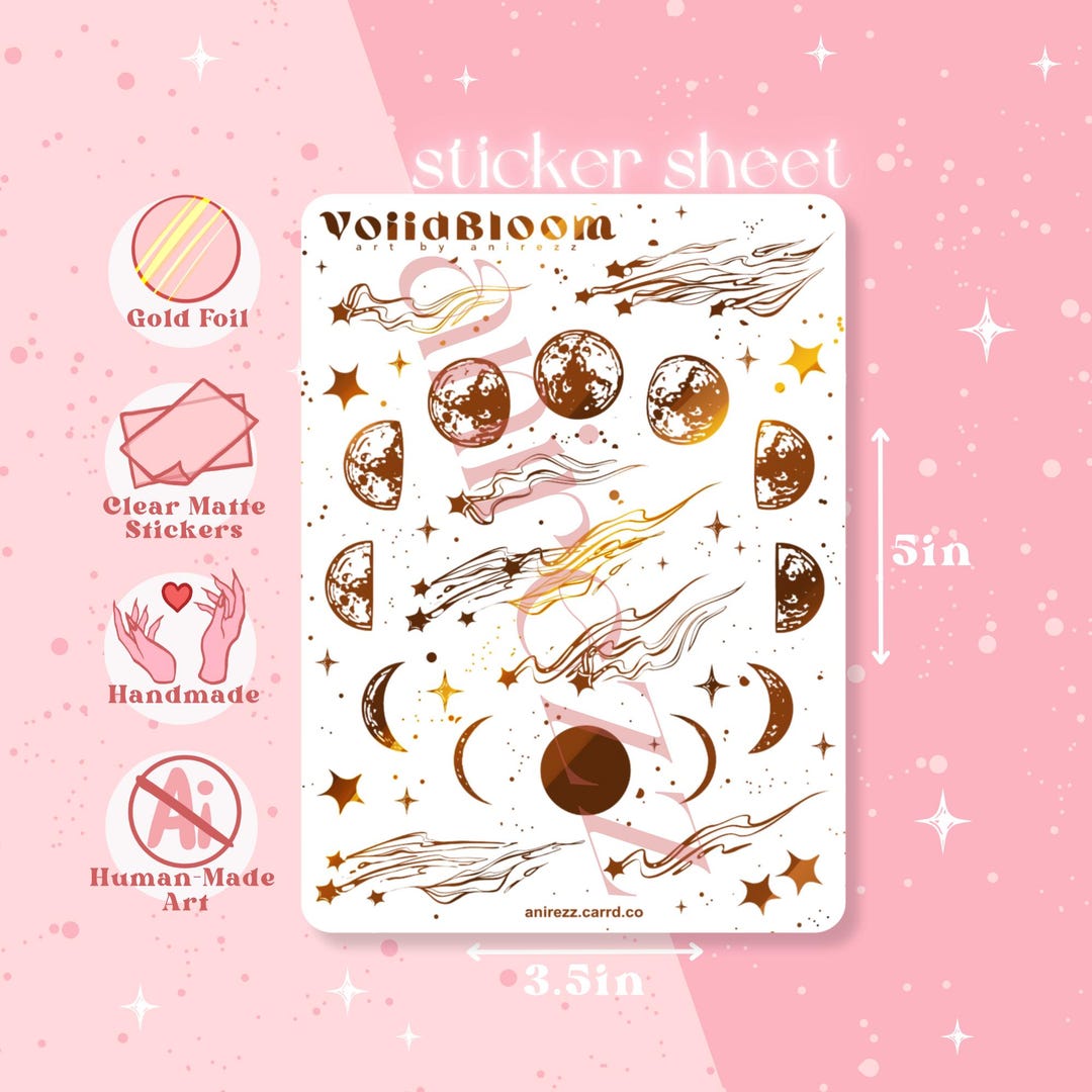 Moon Phases and Stars - Gold Foiled Celestial Sticker Sheet for Journals, Planners, Sketchbooks ...