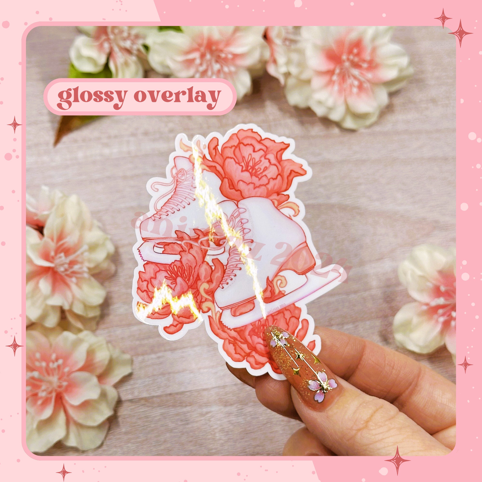 Figure Skates With Peony Flowers Vinyl Sticker - Water-resistant ...