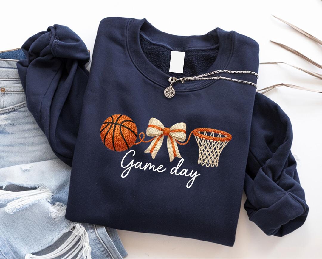 Game Day Basketball Sweatshirt: Bow Hoop Design Faux Knit Look Sports ...