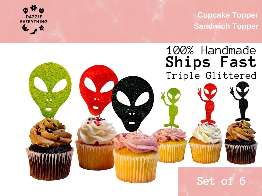 Shiny Alien Cupcake Toppers 6 UFO Cake Toppers Gray Birthday - Etsy