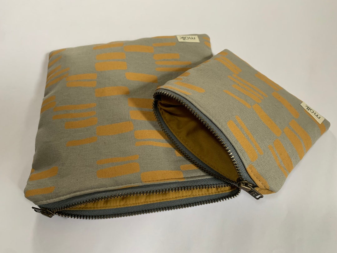Set of Two Grey and Yellow Print Handmade Zip Pouches Make up Bags ...