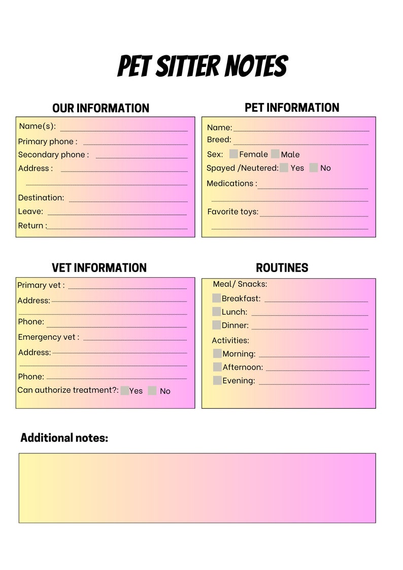 Printable Pet Sitter Notes - Etsy