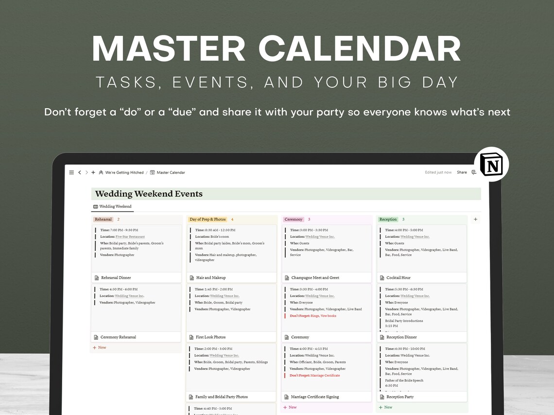 Wedding Notion Template for Digital Planner, Budget, Expenses, Ceremony ...