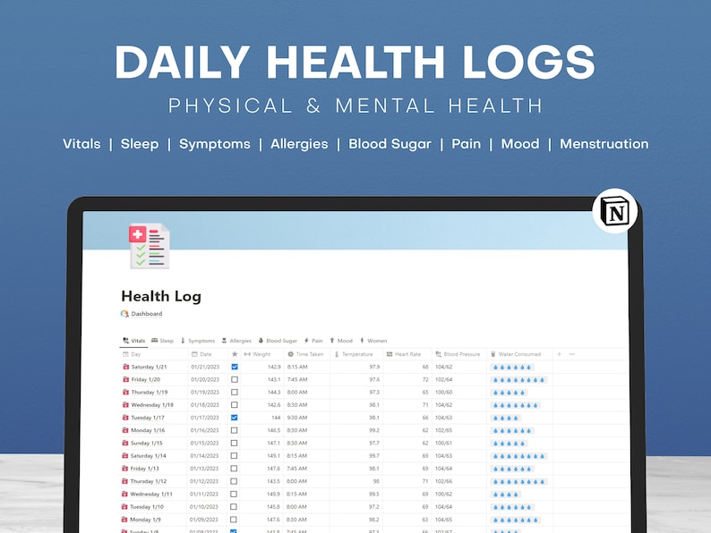Health Journal Notion Template for Digital Organization, Mental Log ...