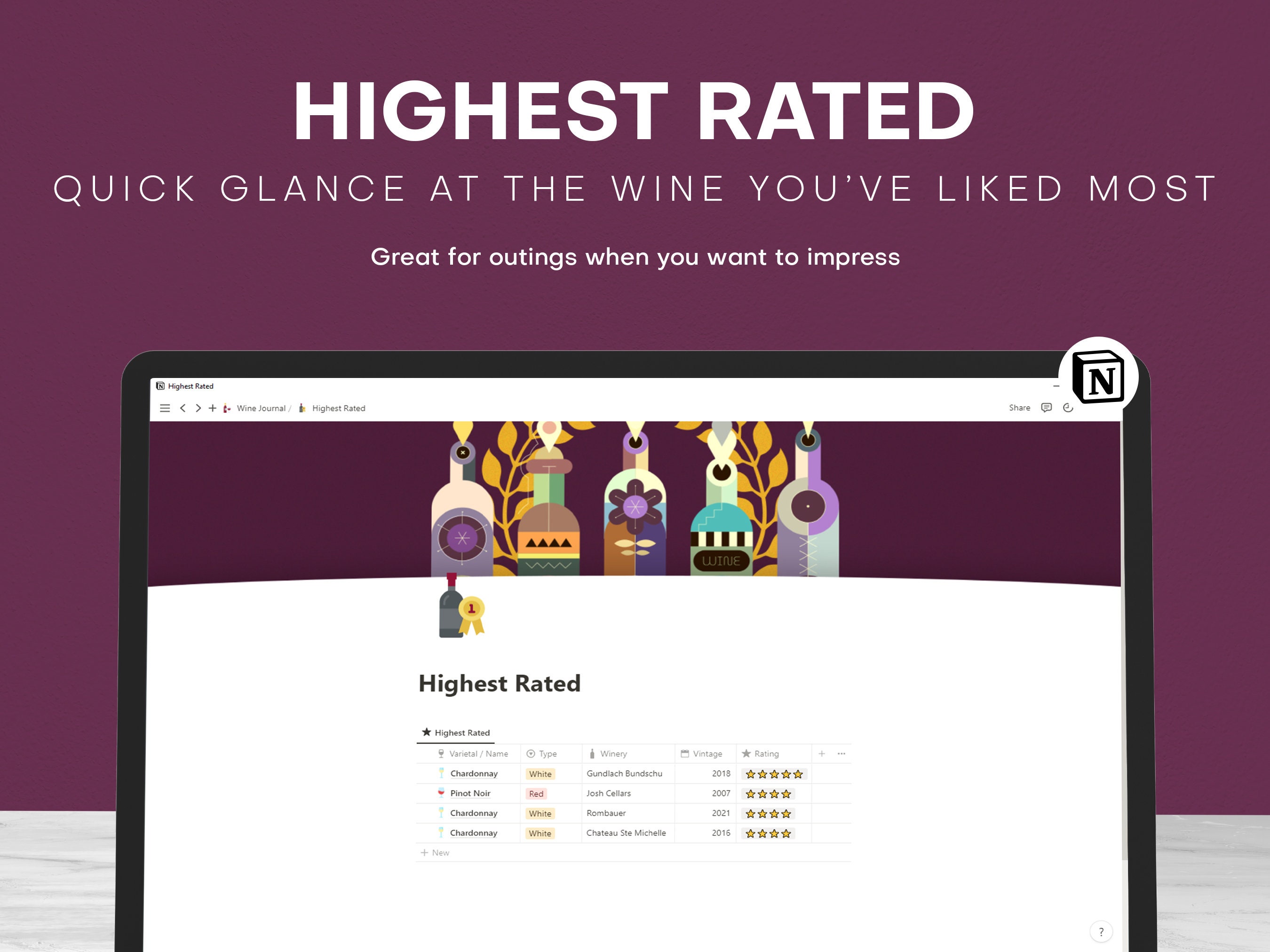 Wine Journal Notion Template Aesthetic Wine Cellar Inventory Tracking