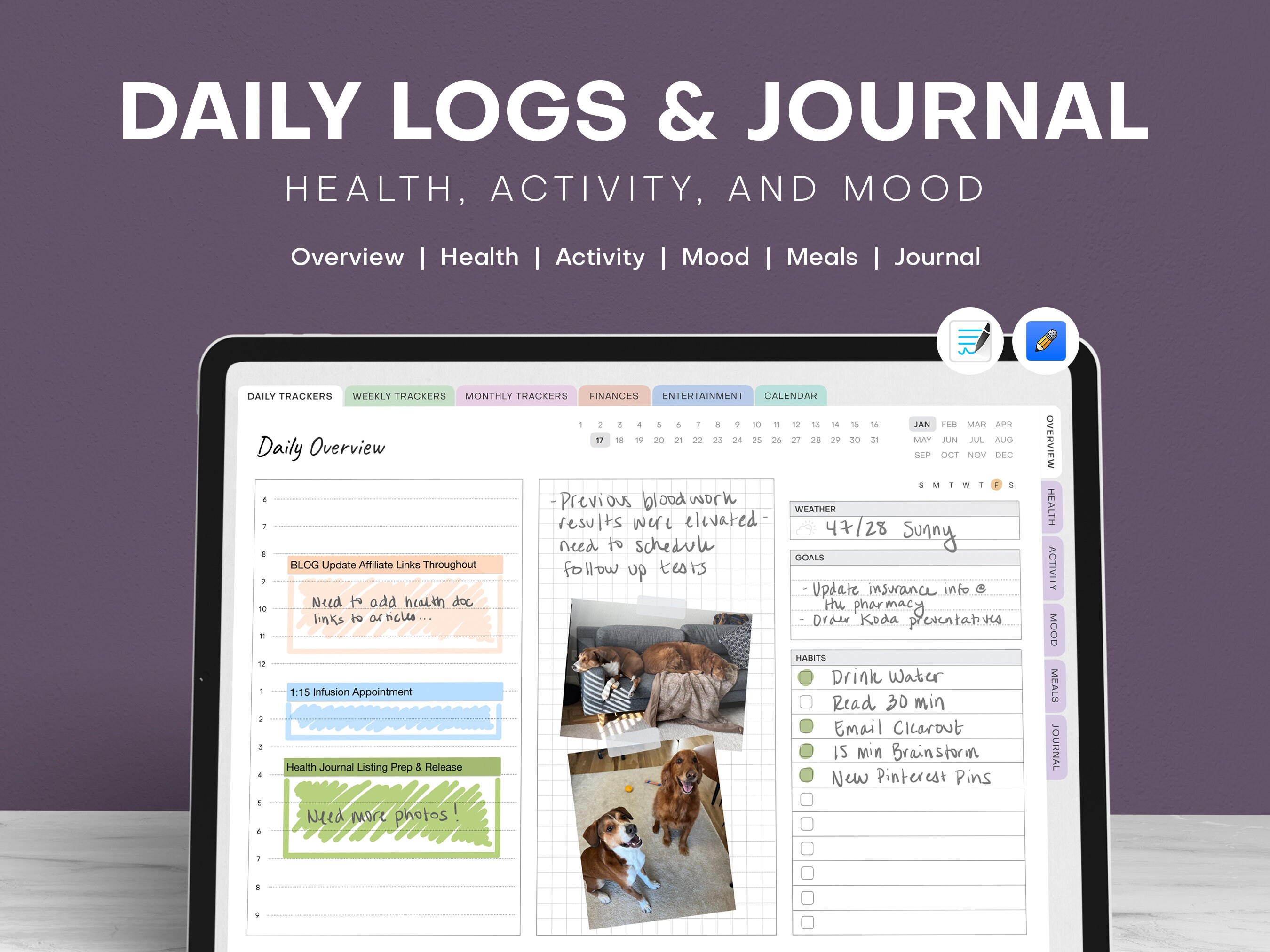 Digital Life Habit Tracker All in One Hyperlinked Health, Activity ...