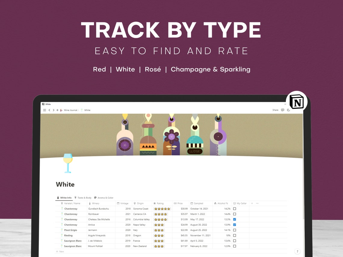 Wine Journal Notion Template Aesthetic, Wine Cellar Inventory Tracking ...