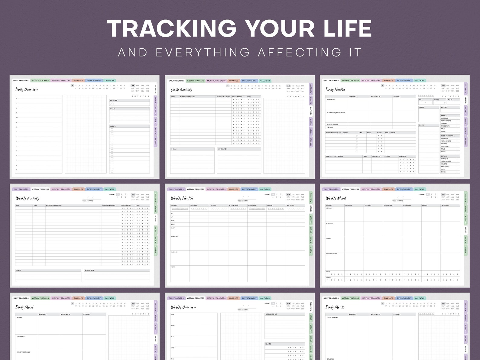 Digital Life Habit Tracker All in One Hyperlinked Health, Activity ...