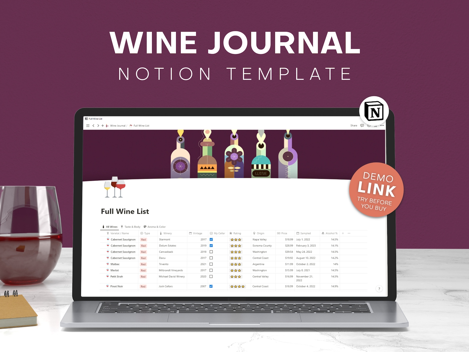 Wine Journal Notion Template Aesthetic, Wine Cellar Inventory Tracking, Rating Wine, Digital ...