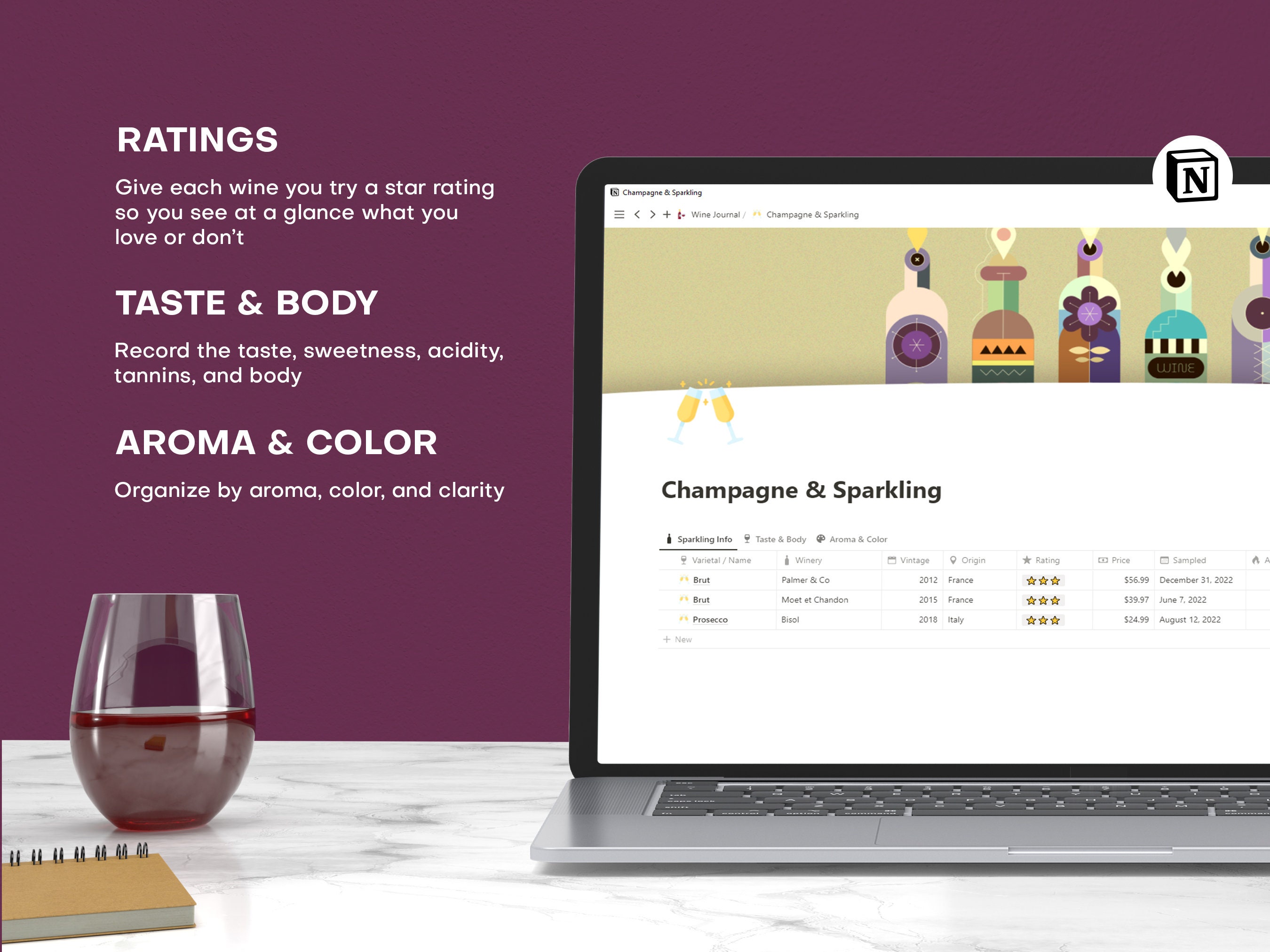 Wine Journal Notion Template Aesthetic, Wine Cellar Inventory Tracking, Rating Wine, Digital ...