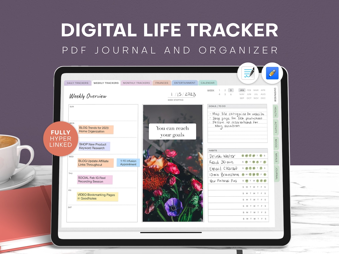 Digital Life Habit Tracker All in One Hyperlinked Health, Activity ...