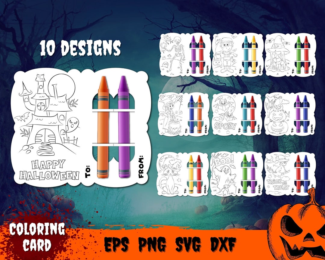 Halloween Coloring Card SVG Bundle, Crayon Holder, Colouring Page ...