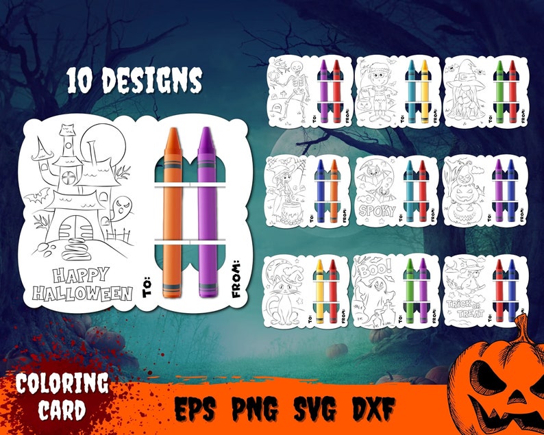 Halloween Coloring Card SVG Bundle, Crayon Holder, Colouring Page ...