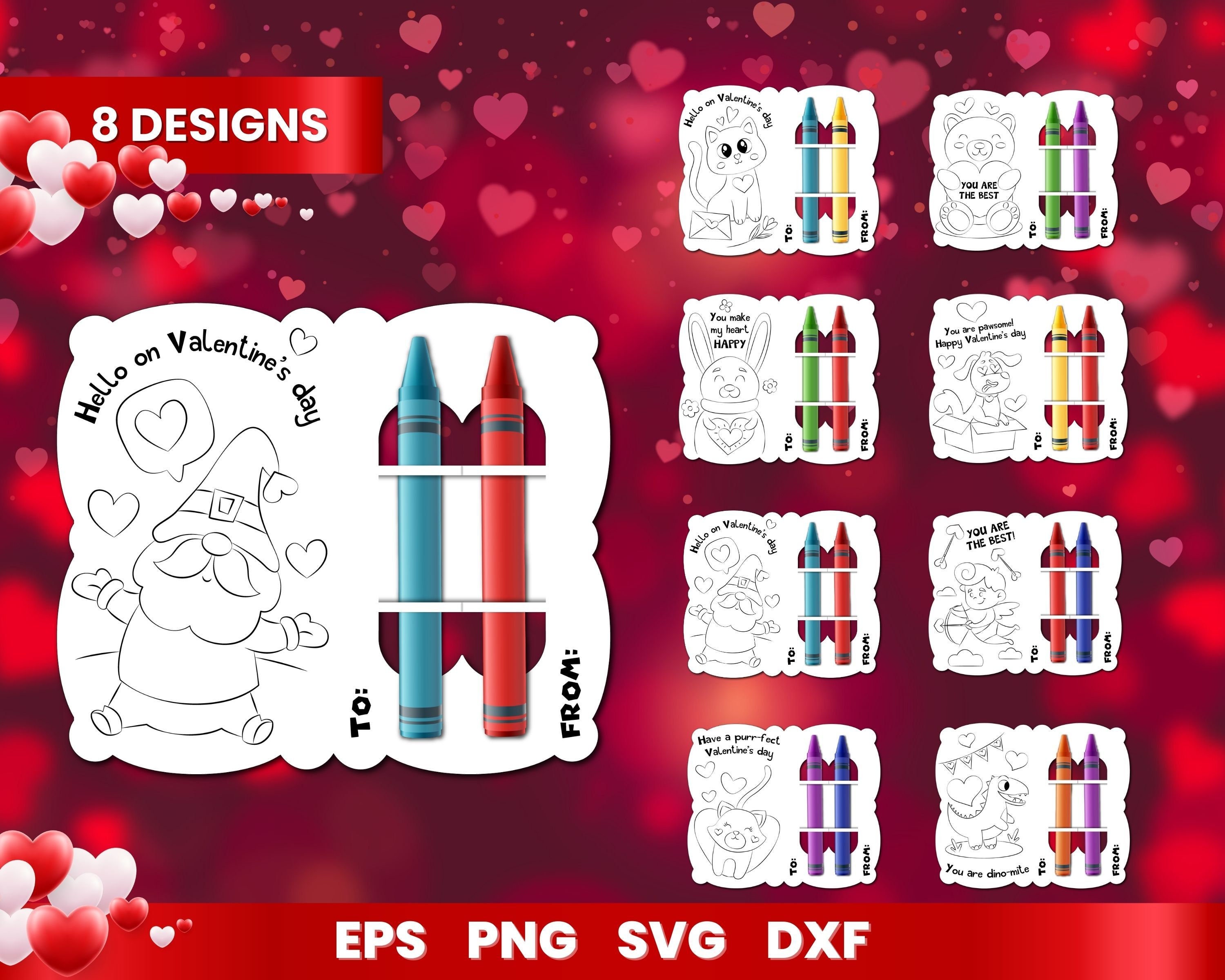 Valentines Day Coloring Card SVG Bundle, Crayon Holder, Colouring Page ...