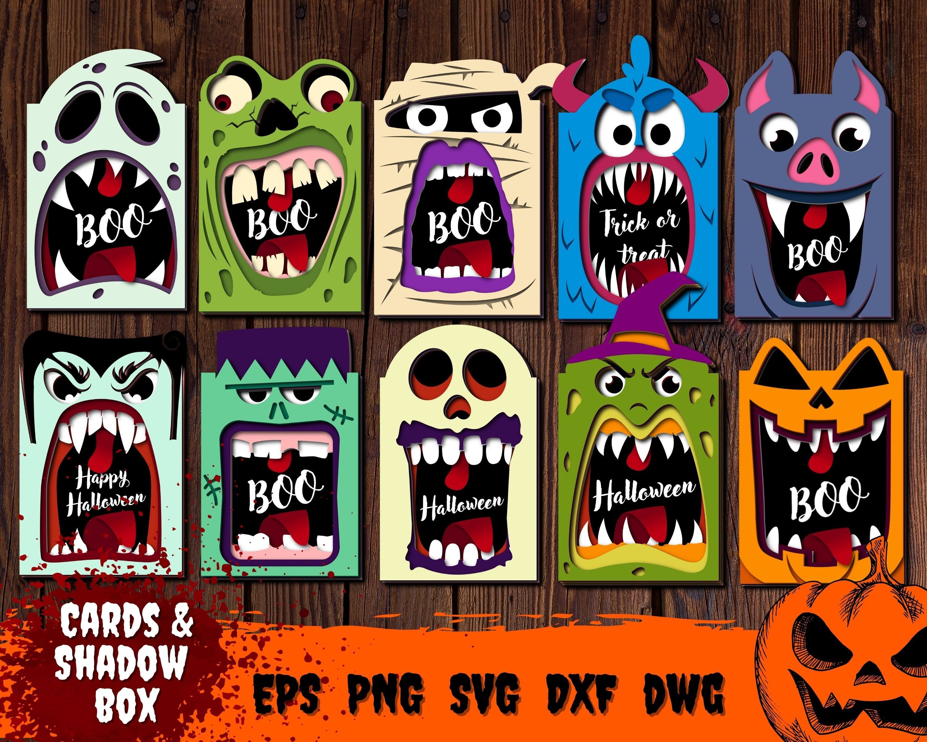 Halloween Card Svg Bundle, Scary Faces Card Template, Digital Download ...