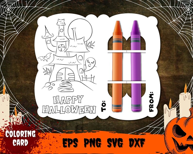 Halloween Coloring Card SVG Bundle, Crayon Holder, Colouring Page ...