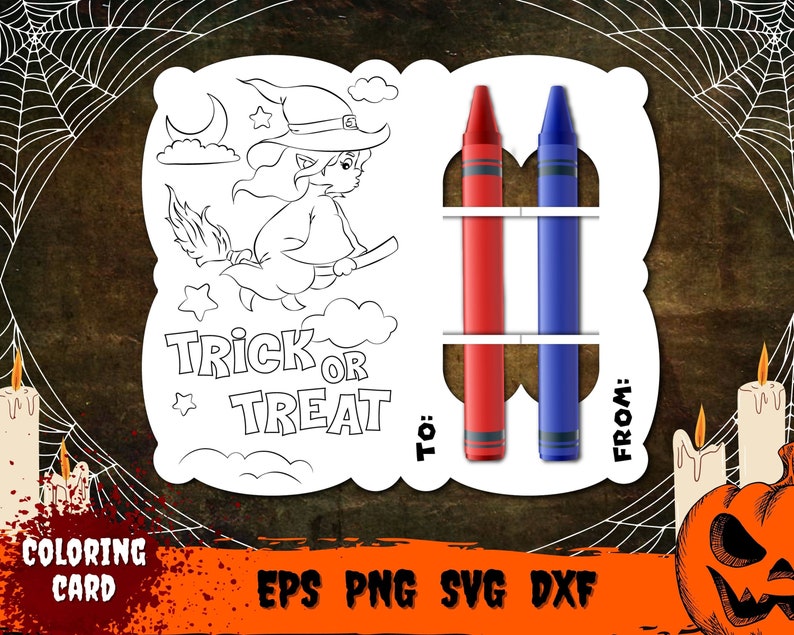 Halloween Coloring Card SVG Bundle, Crayon Holder, Colouring Page ...