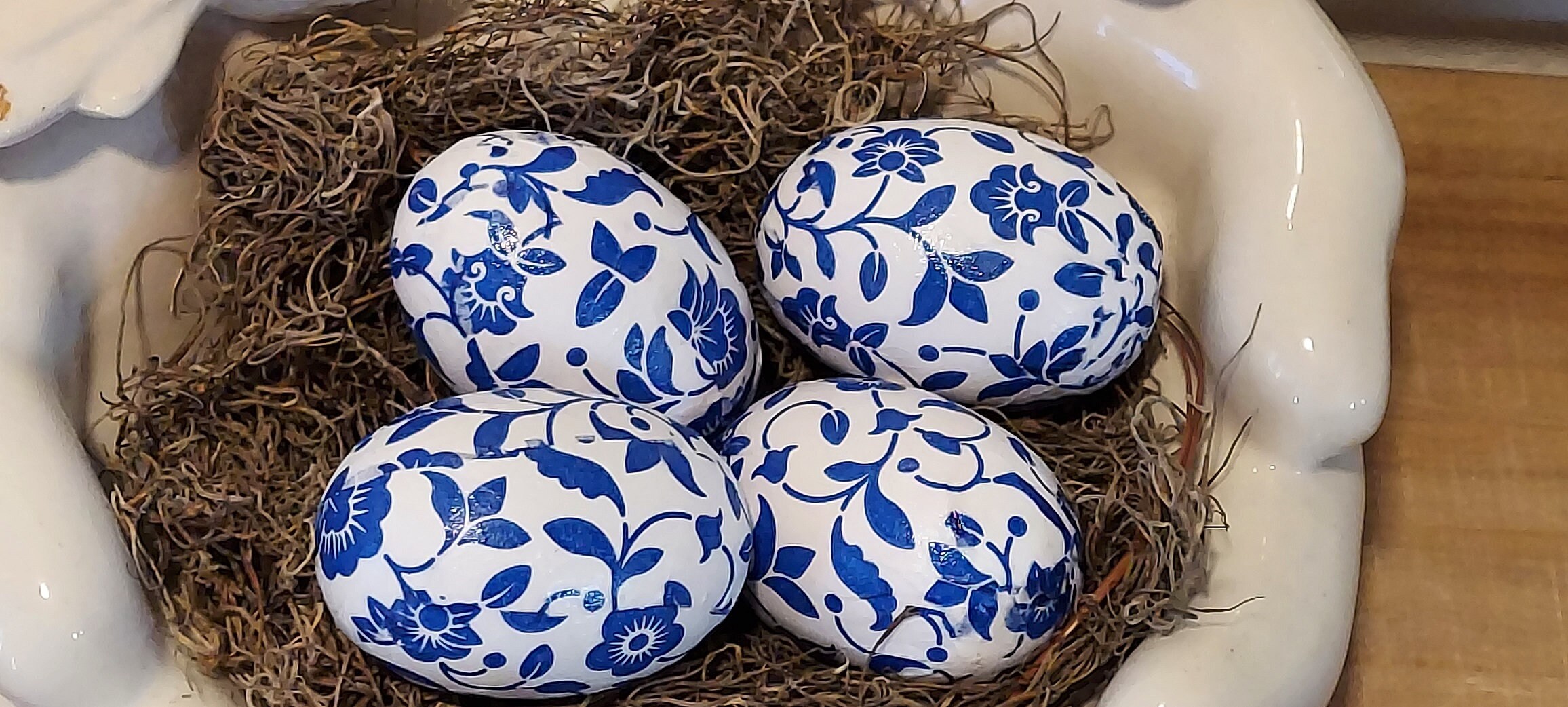Set of 4 Blue & White Decoupage Eggs, Wooden Easter Eggs, Blue and ...