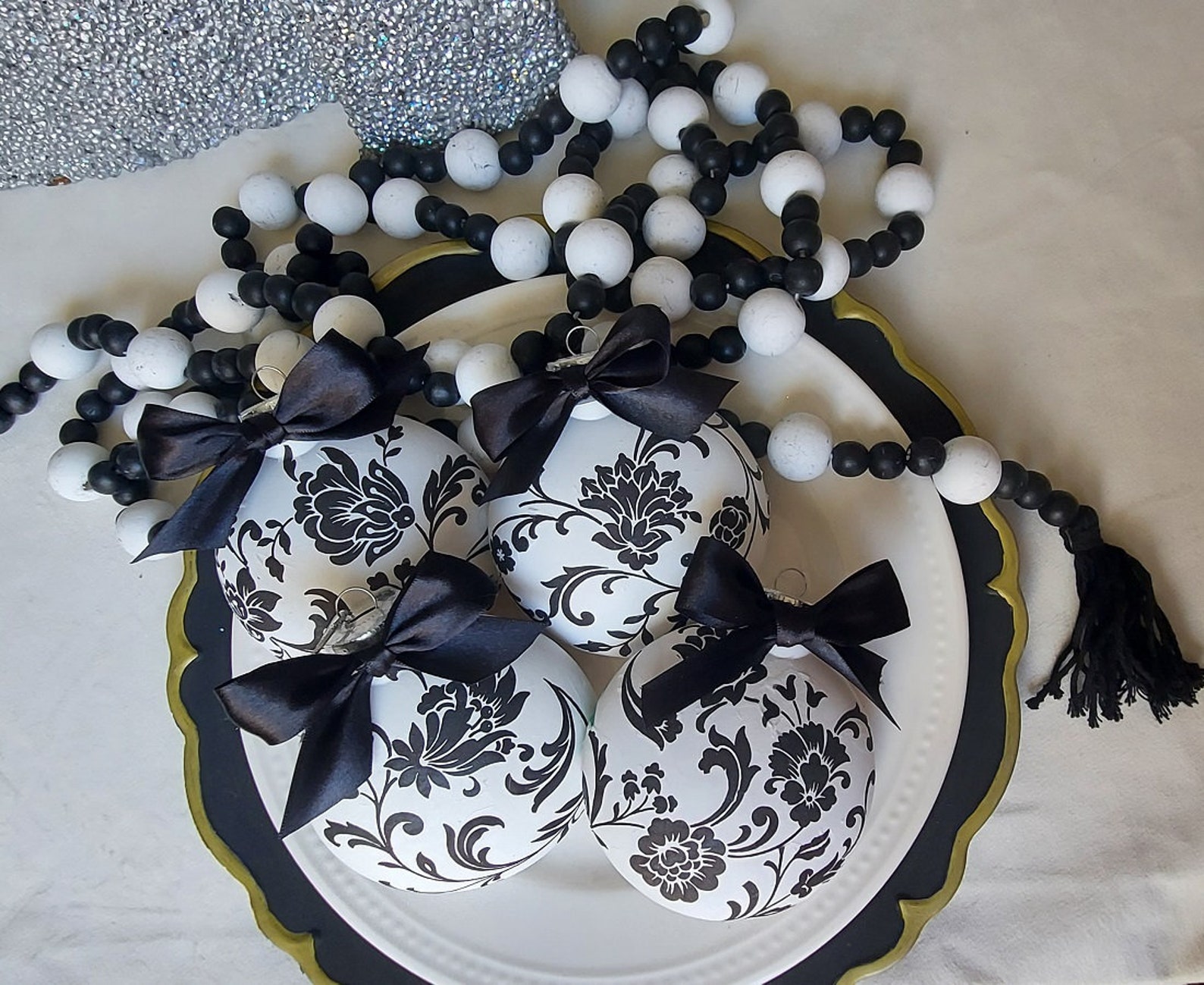 Black and White Christmas Ornaments, Set of 4 Decoupaged Black and ...