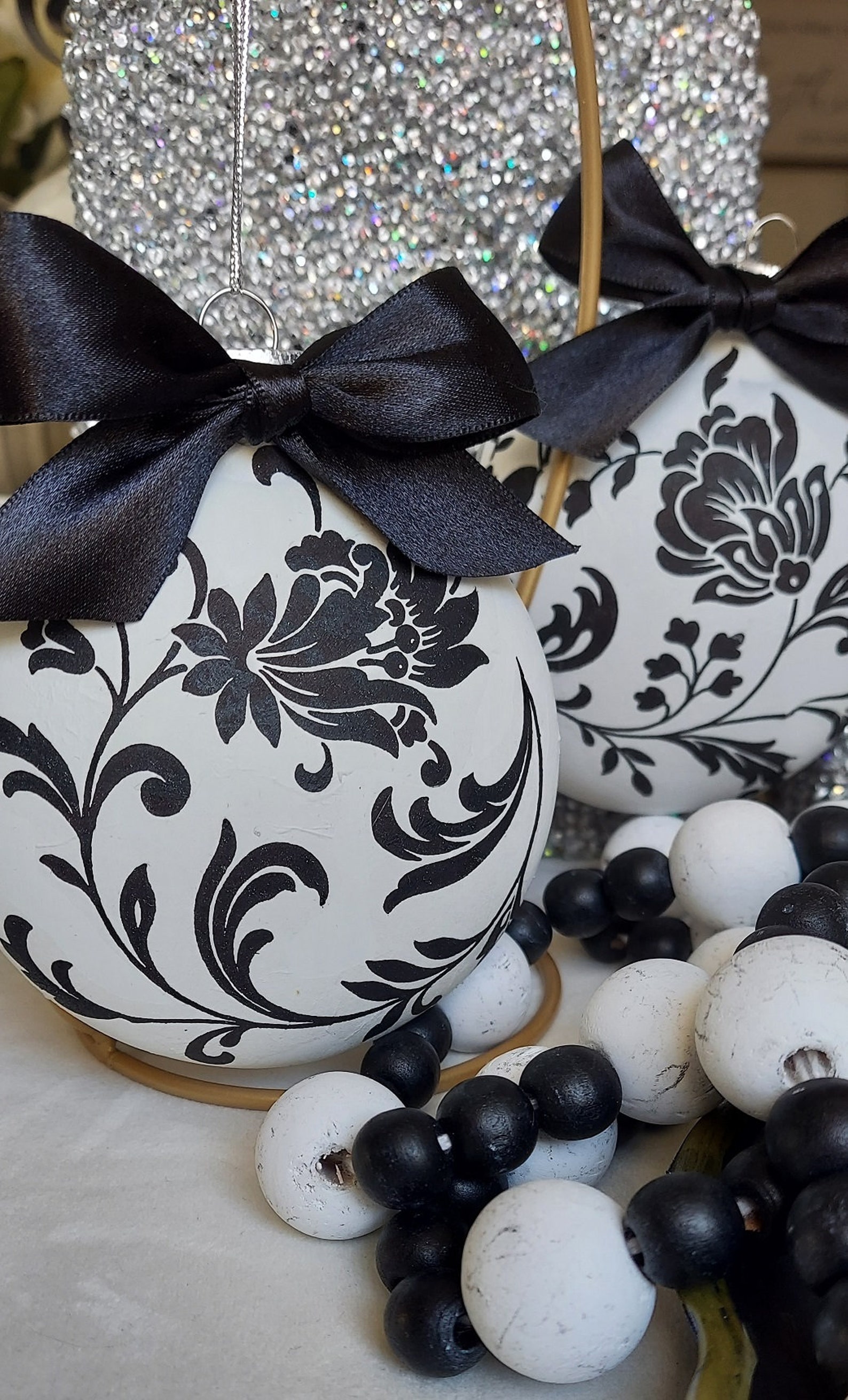 Black and White Christmas Ornaments, Set of 4 Decoupaged Black and ...