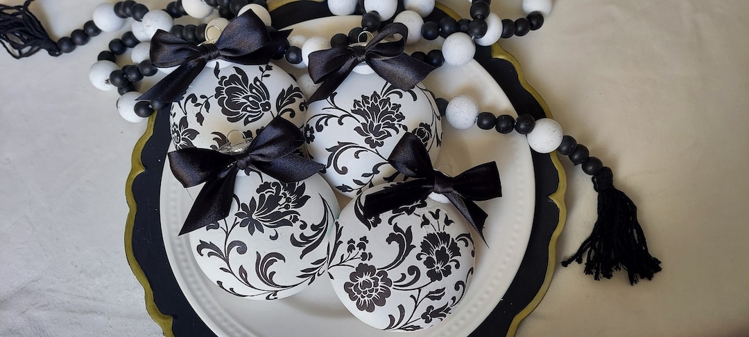 Black and White Christmas Ornaments, Set of 4 Decoupaged Black and ...