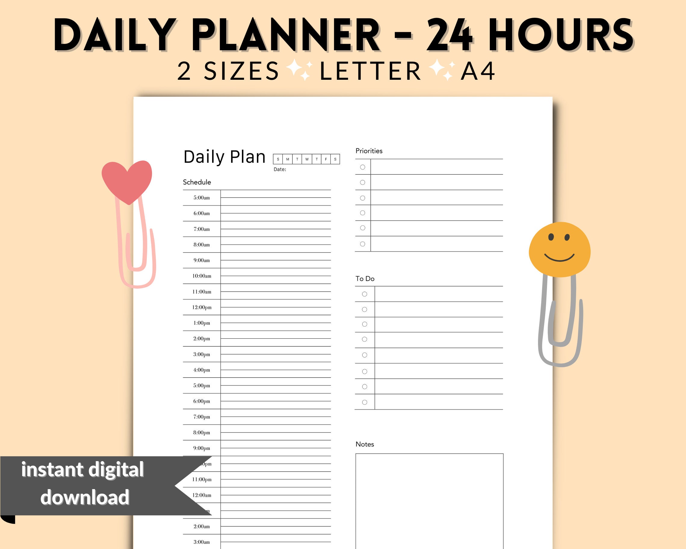 24 Hour Daily Planner Printable, Hourly Planner, Time Blocking Template ...