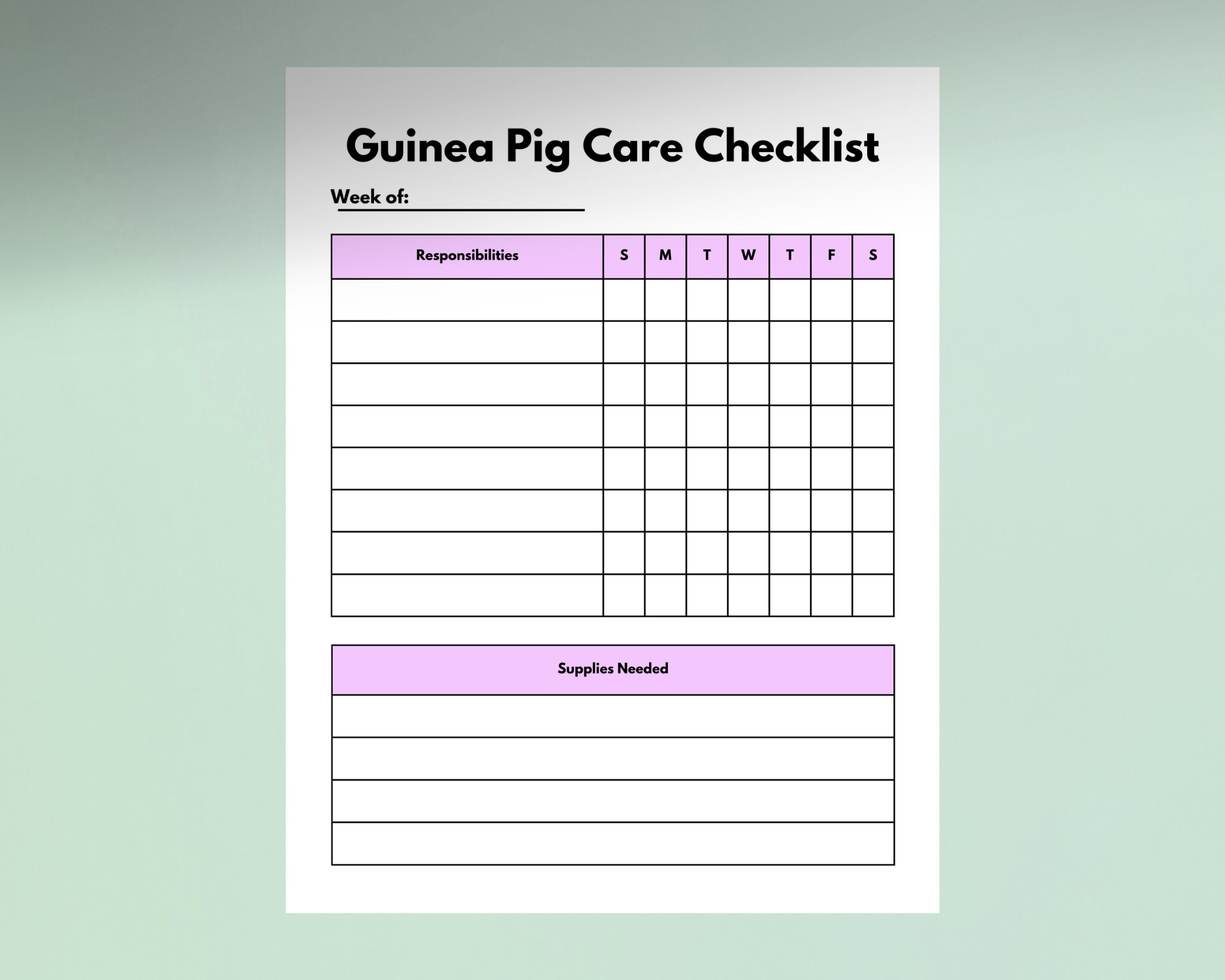 Guinea Pig Care Checklist, Responsibility Checklist for Kids, Pet ...