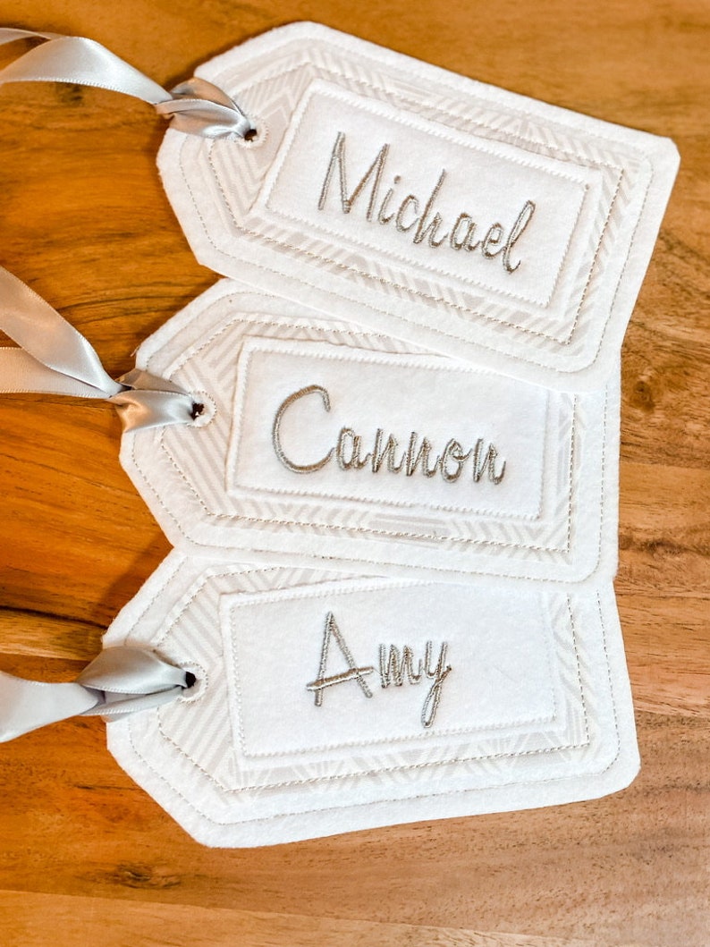 WHITE BACKGROUND Embroidered Stocking Tags Name Personalized Custom ...