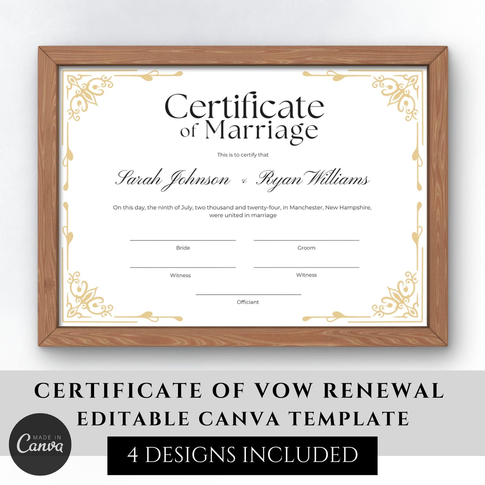 Wedding Certificate Template Editable, Marriage Certificate Printable ...
