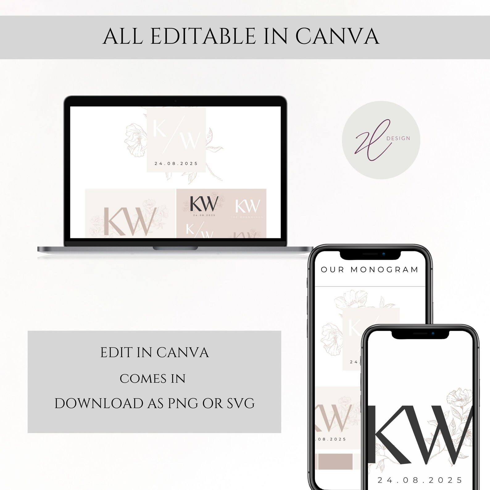 Monogram Wedding Logo Stationery, Floral Wedding Logo Editable in Canva, Simple Wedding Monogram ...