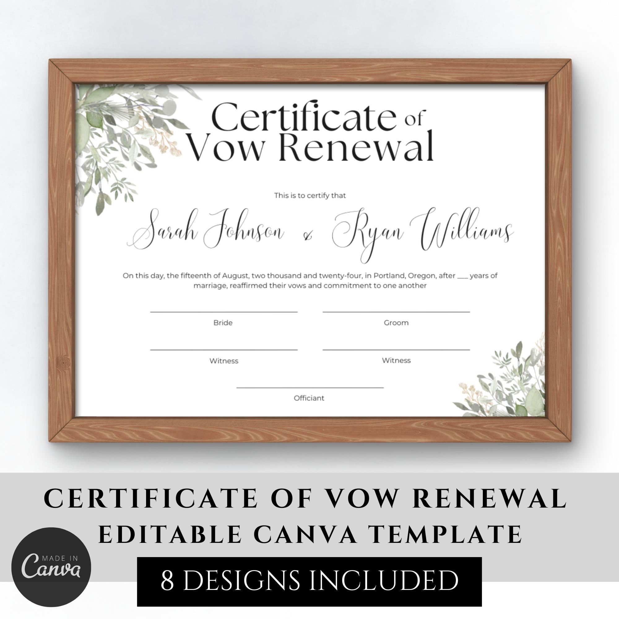 Greenery Vow Renewal Certificate Printable, Editable Vow Renewal ...