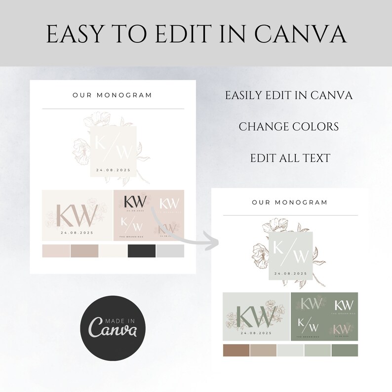 Monogram Wedding Logo Stationery, Floral Wedding Logo Editable in Canva, Simple Wedding Monogram ...