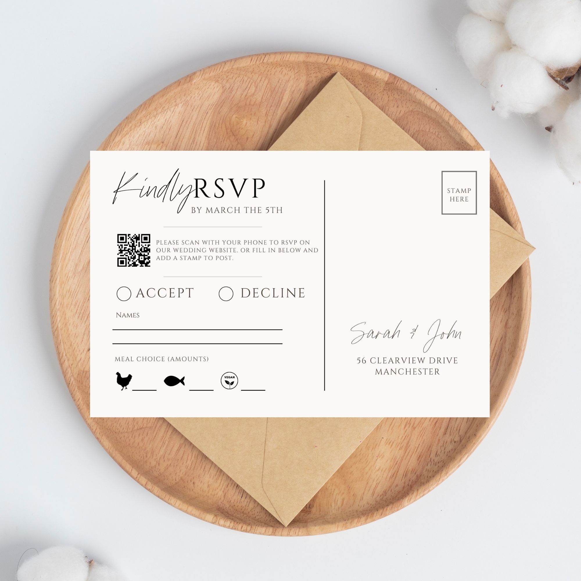 QR Code Wedding RSVP Business Card. Minimal Wedding Response Card With Meal Options QR Scan ...