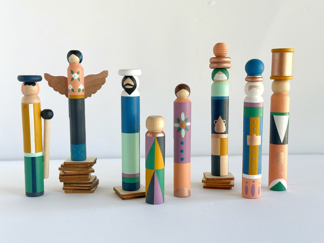 Clothespin Nativity Set | Handpainted | Peach Angel | 8 Pieces ...