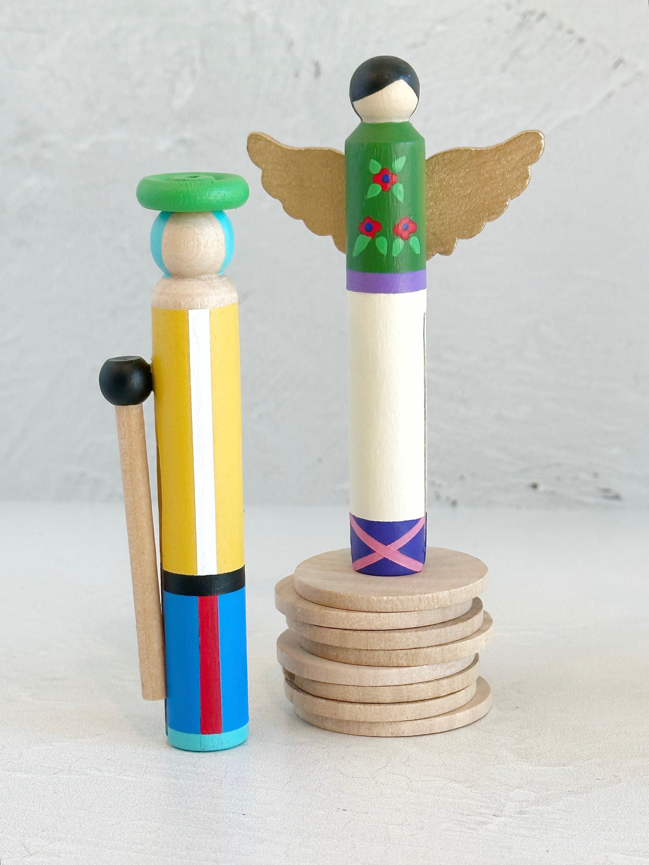 Clothespin Nativity Set Handpainted Green Angel 8 Pieces Christmas ...