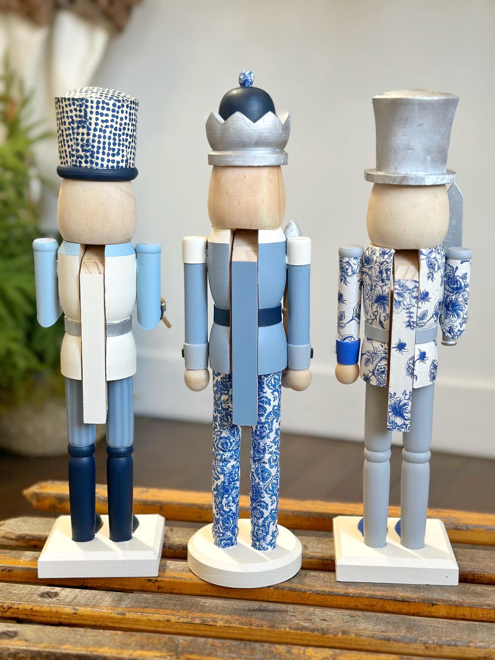 Blue Toile Wood Nutcracker Trio | Modern Nutcrackers | Set of 3 ...