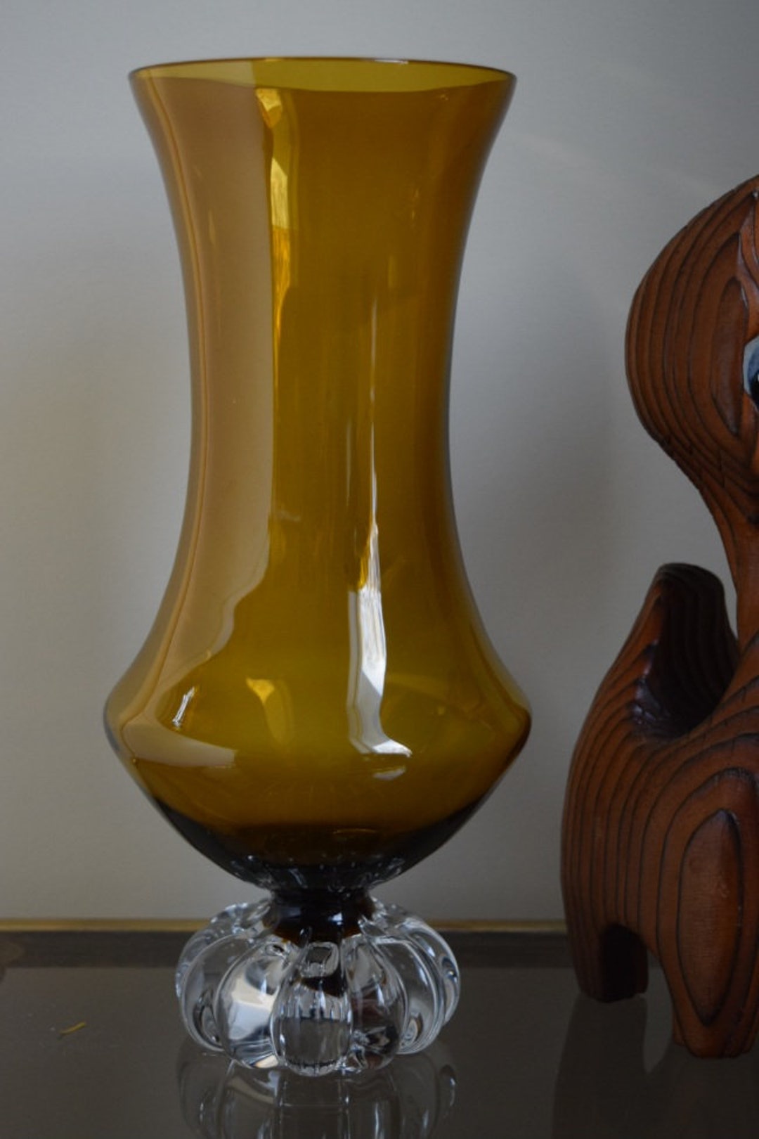 Mid Century 1960 Amber Fluted Art Glass MCM Vase Tall Clear Rounded ...
