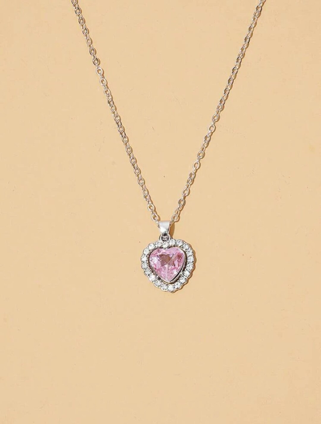 BARBIE Pink Diamond Rhinestone Heart Necklace, Pink Necklace, Silver ...