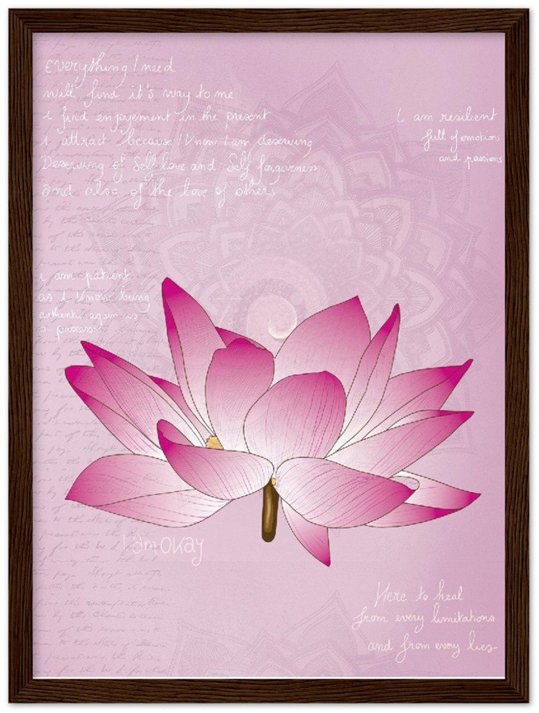 Lotus Flower Poster Framed in Wood, Semi-glossy Paper, Inspiring Quote ...